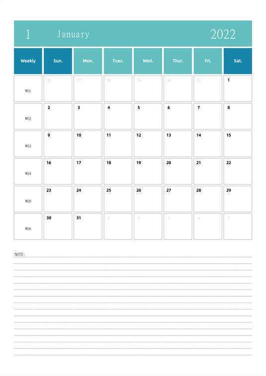 2022年日历表台历 英文版 纵向排版 带周数 周日开始 日历模板(DF007-1368) - 日历表2022年日历打印下载